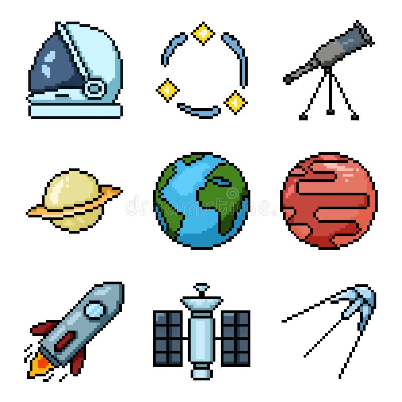 Vector Set of Pixel Art Space Icons Stock Illustration - Illustration ...