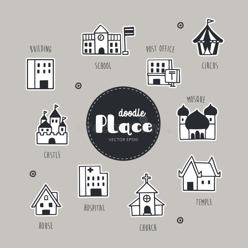 Place Hand Drawn Doodle Icons Set. Stock Vector - Illustration of ...