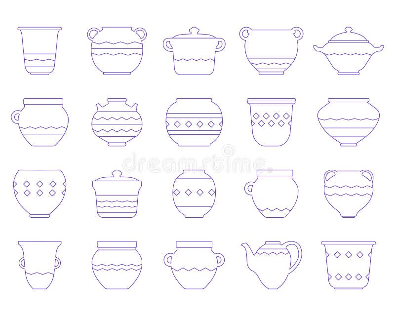 Vector Set Pots in Line Style with Geometric Ornament. Editable Stroke ...