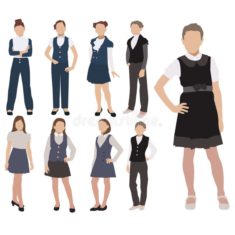 Vector Set of Pupils Silhouette in School Uniform on White Background ...
