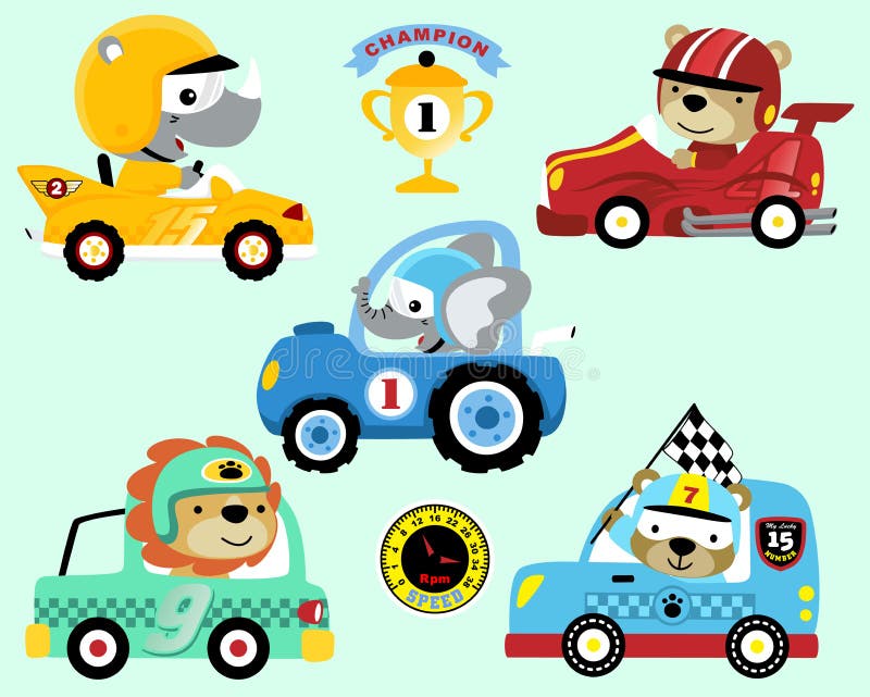 Vector Set of Race Car Cartoon with Animals Racer Stock Vector ...
