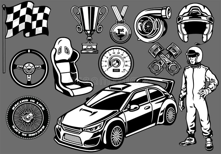 Set of Rally Car Racing Elements Stock Vector - Illustration of gear ...