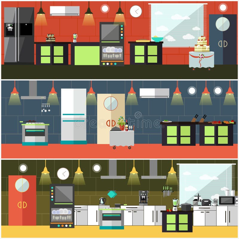 Vector Set of Restaurant Kitchen Interior Posters, Banners, Flat Style ...