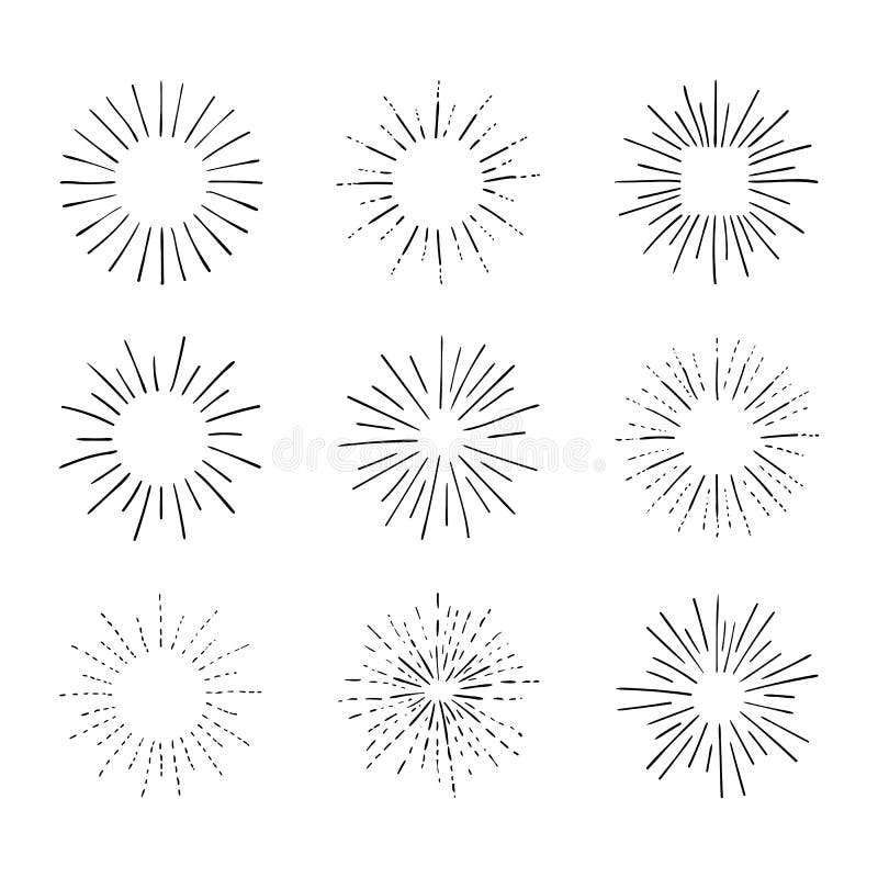 Vector Sun Rays Linear Drawing, Retro Style Illustration, Black Lines ...