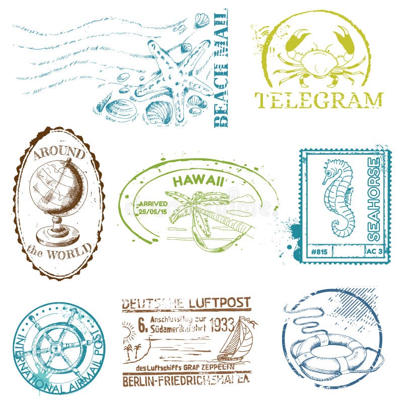 Vector Set of Retro SEA Stamps Stock Vector - Illustration of greeting ...