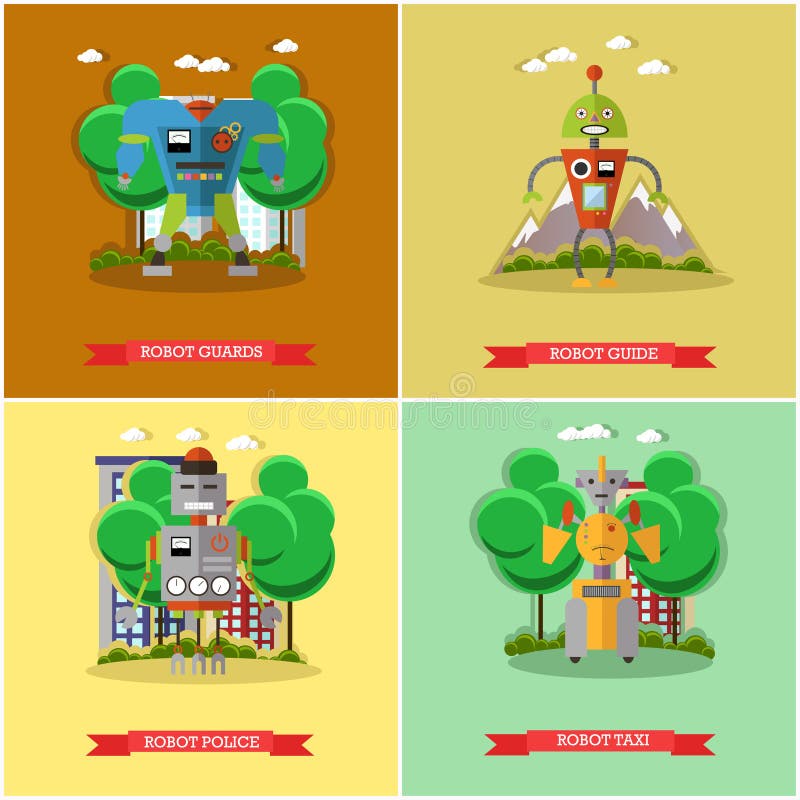 Vector Set of Robots, Flat Style Design Stock Vector - Illustration of ...