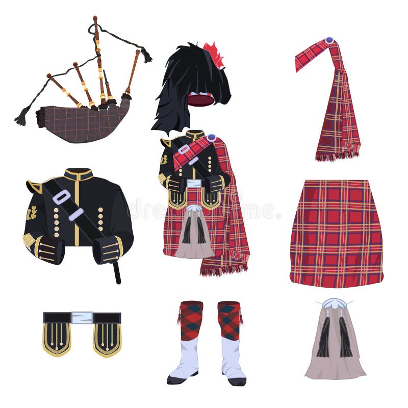 Scottish Traditional Costume Elements and Bagpipes Flat Vector Icon Set Stock Vector ...