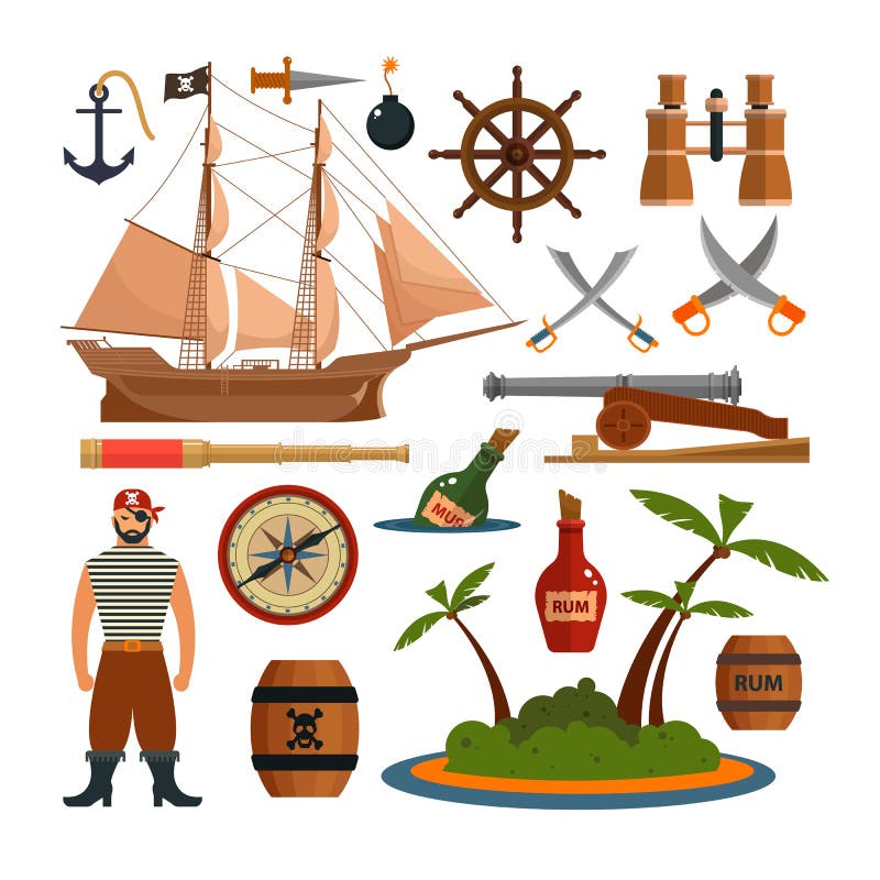 Vector Set of Sea Pirates Objects, Icons and Design Elements in Flat ...