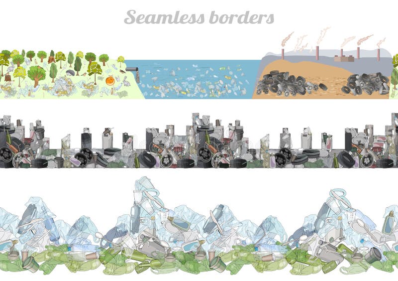 Vector Set of Seamless Borders with Plastic Garbage and Straws on the ...