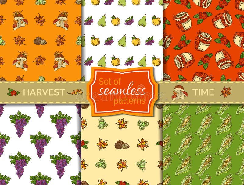Vector Set of Seamless Harvest Patterns. Stock Vector - Illustration of ...
