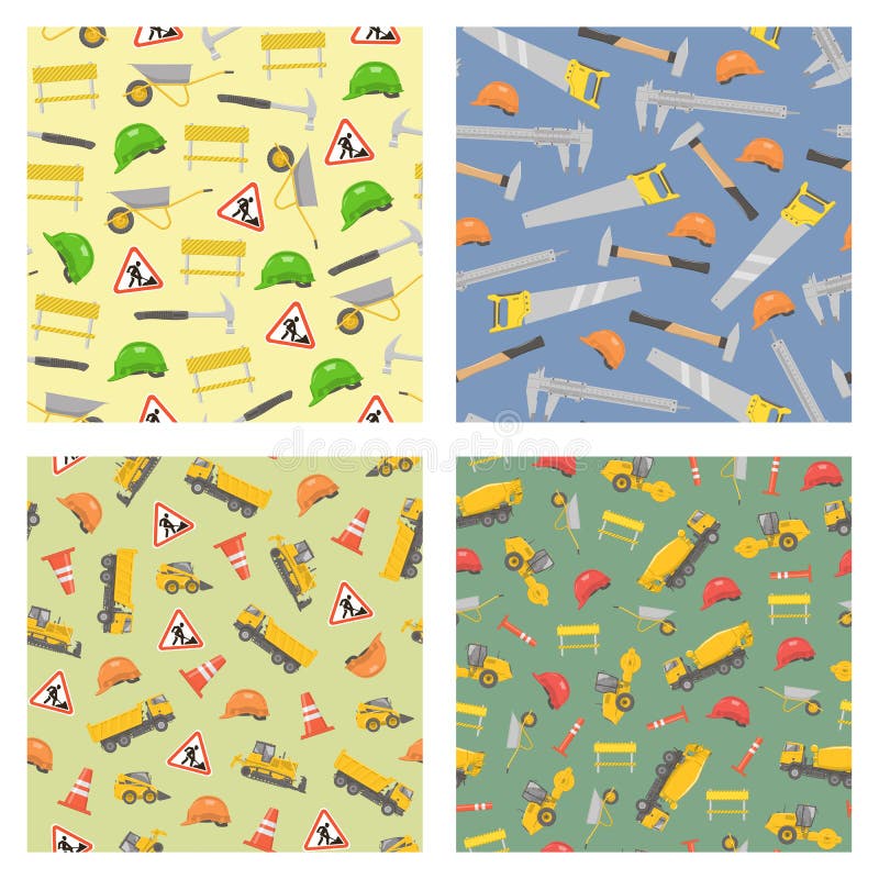 Vector Set of 4 Seamless Pattern with Equipment and Vehicles Stock ...