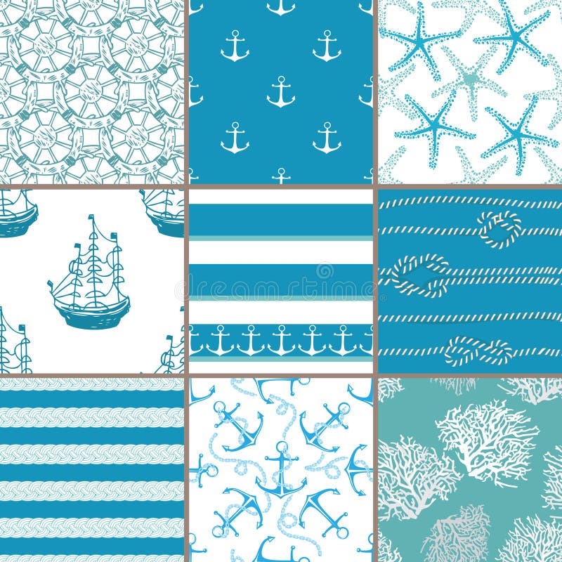 Vector Set. Seamless Pattern with Marine Elements. Stock Vector - Illustration of nautical ...