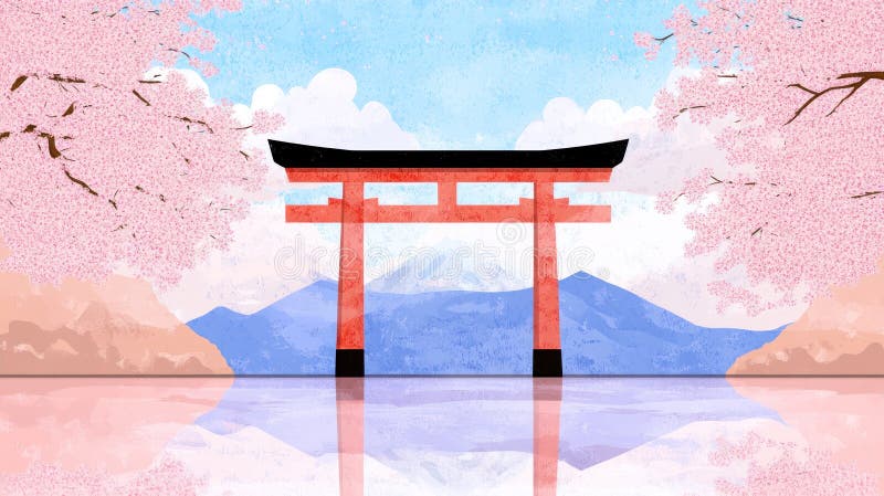 Japanese Torii Gate and Cherry Blossom Vector Set for Spring Season ...