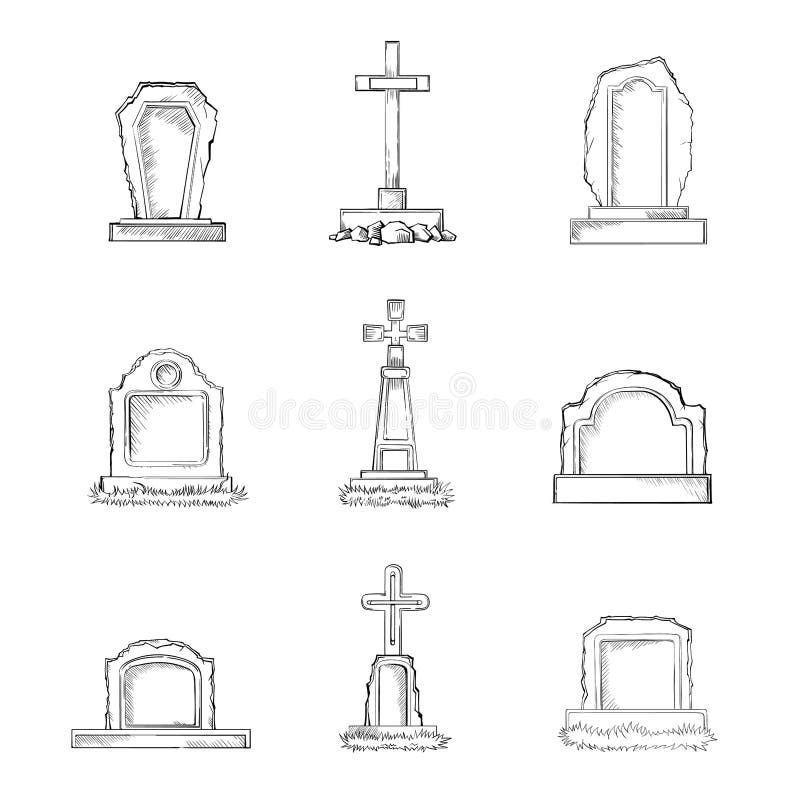 Vector Set of Sketch Cemetery Stone Tombstones Stock Vector ...