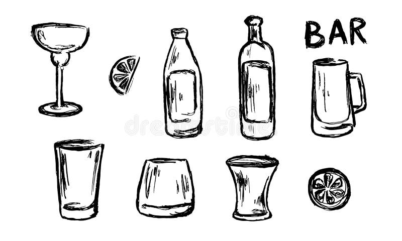 Vector Set of Sketch Cocktails and Alcohol Drinks, Bar. Beer, Wine ...