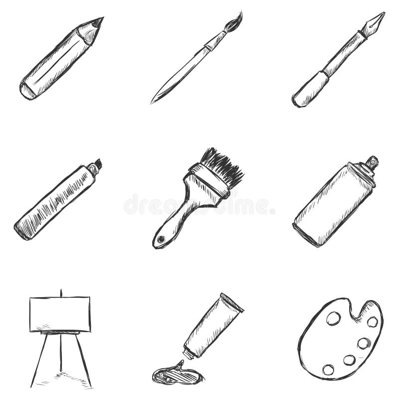 Vector Set of Sketch Drawing Icons Stock Vector - Illustration of easel ...
