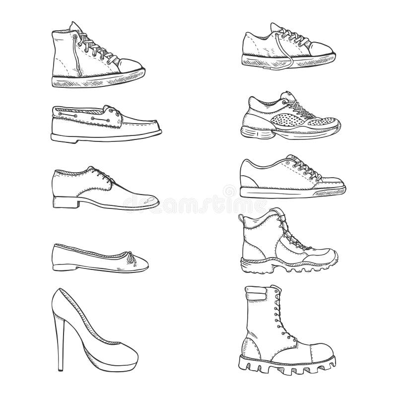 Vector Set of Sketch Shoes Items. Side View Collection Stock Vector ...