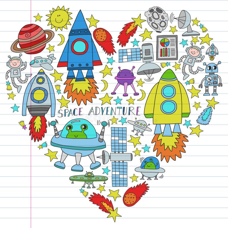 Vector Set of Space Elements Icons in Doodle Style. Painted, Colorful ...