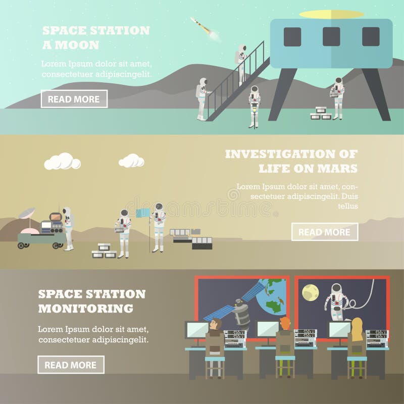 Vector Set of Space Exploration Horizontal Banners in Flat Style. Stock ...