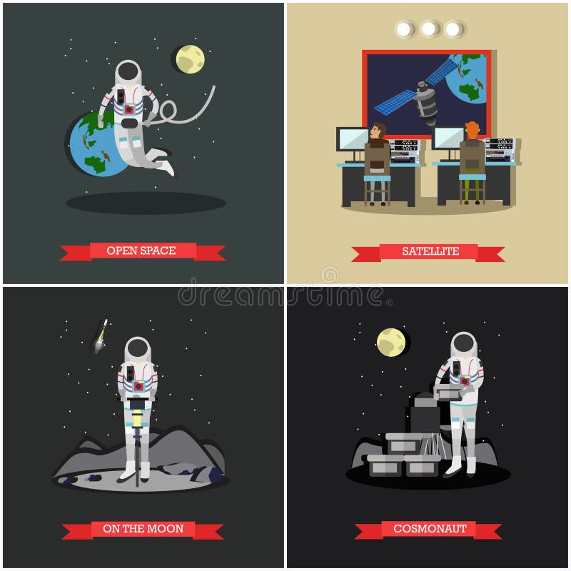 Vector Set of Space Exploration Posters, Banners in Flat Style. Stock ...
