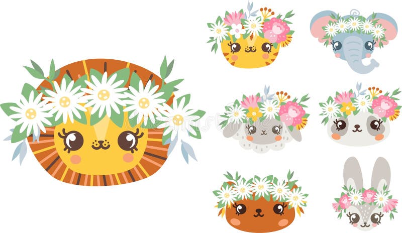 Animals with Colored Wreaths on Their Heads. Sheep Tiger Panda Rabbit ...