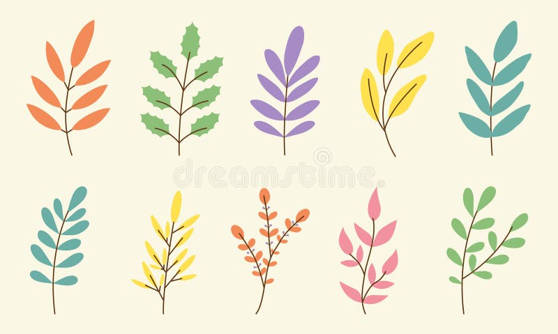 Vector Set of Spring Branches with Leaves. Minimal Botanical Design ...
