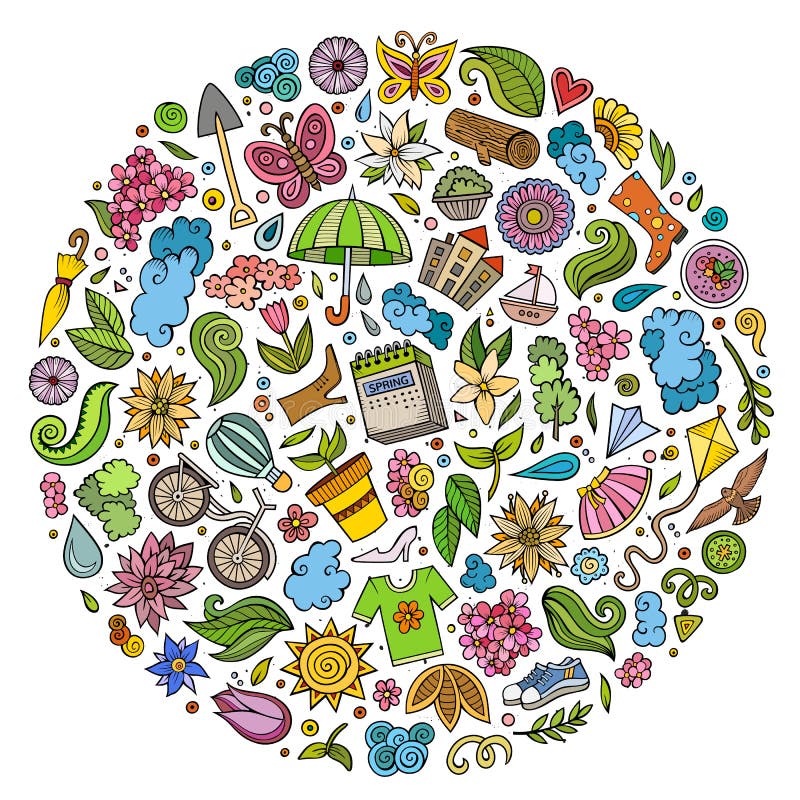 Vector Set of Spring Cartoon Doodle Objects Stock Vector - Illustration ...
