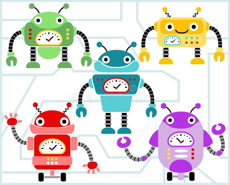 Vector Set of Funny Robots Cartoon Stock Vector - Illustration of cute ...