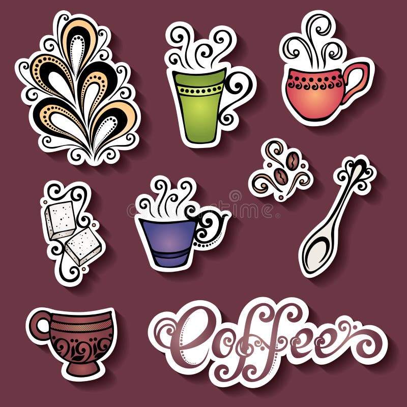 Vector Set of Stickers with Ornamental Coffee Cups Stock Vector ...