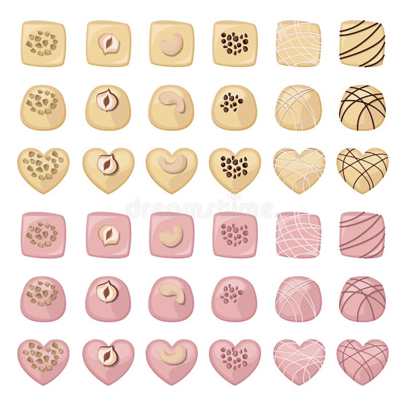 Vector Set of Sweets. White and Pink Chocolate Candies of Various ...