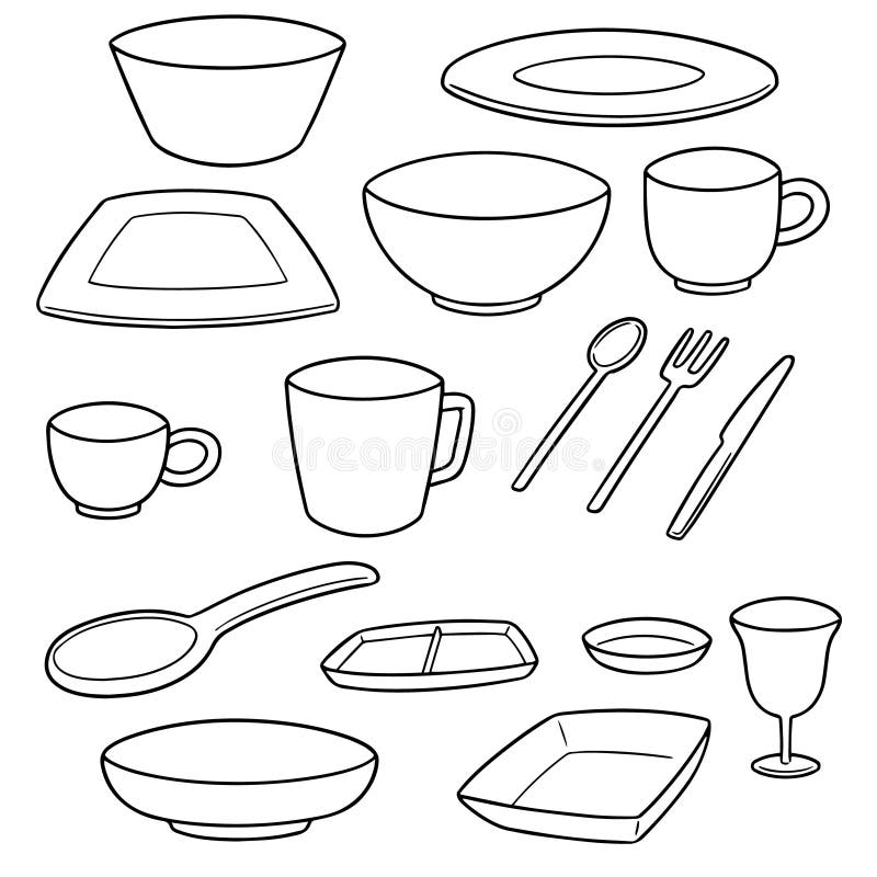 Vector set of tableware stock vector. Illustration of bowl - 133588361