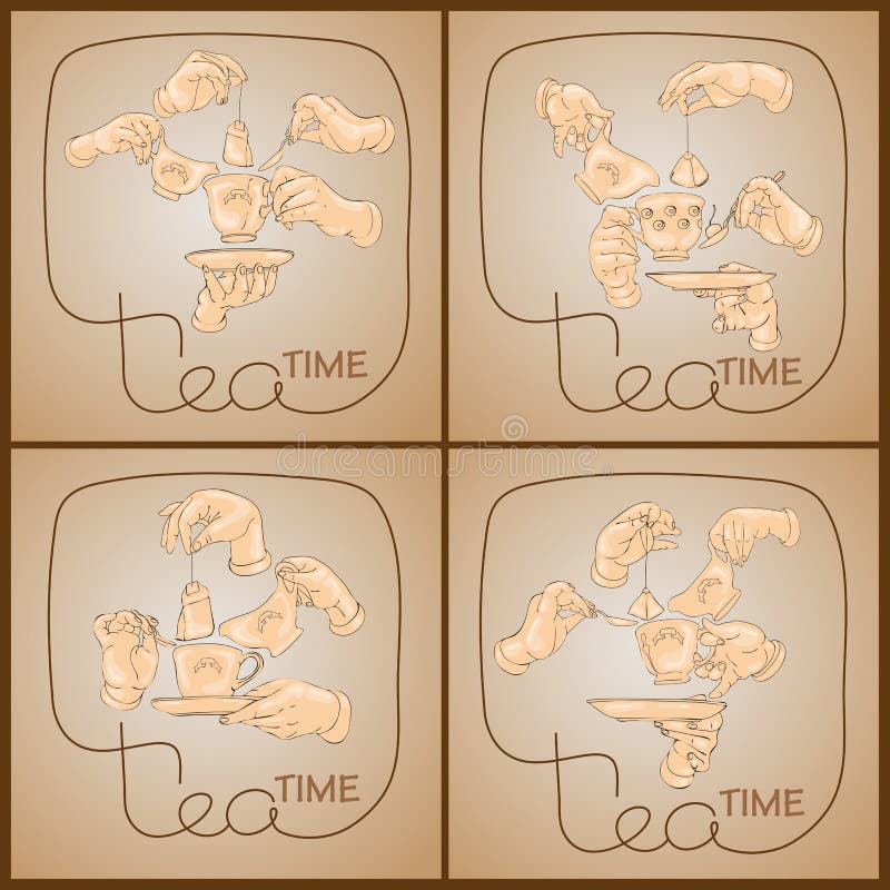 Vector Set Tea Time Pattern of Cup, Hands, Teabag. Stock Vector ...