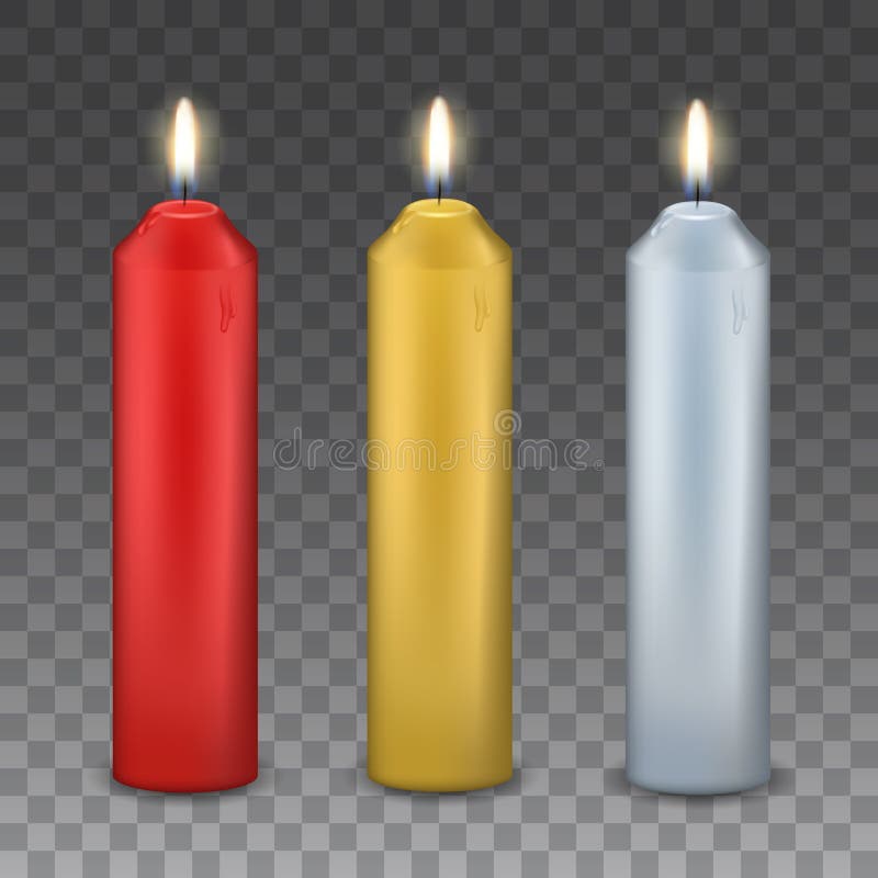 Vector Set of Three Realistic Burning Candles - Red, Gold and Si Stock ...