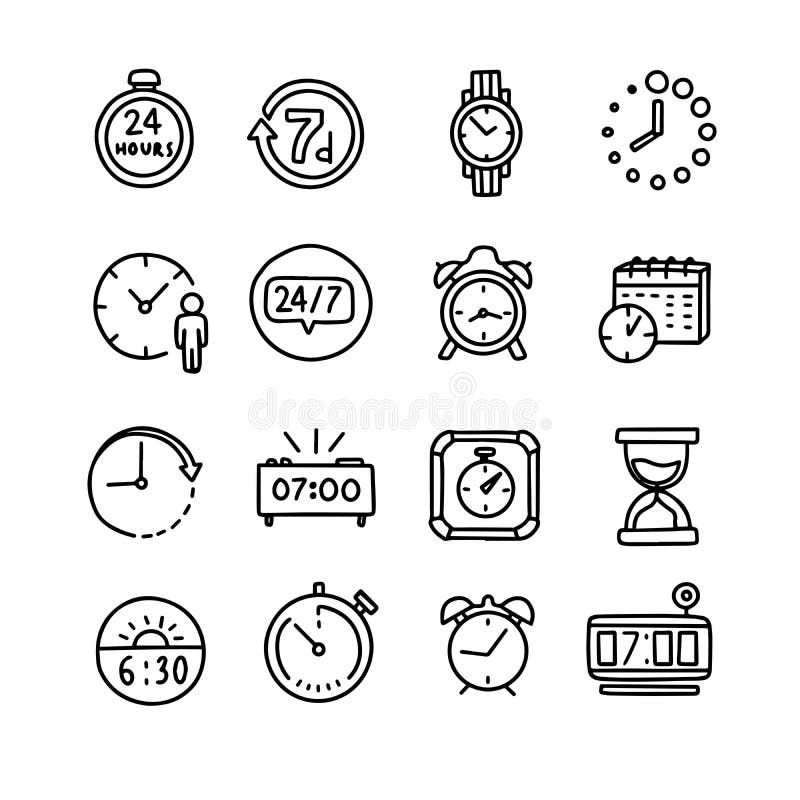 Vector Set of Time Clock Icons. Outline Doodle Drawing Style Stock ...