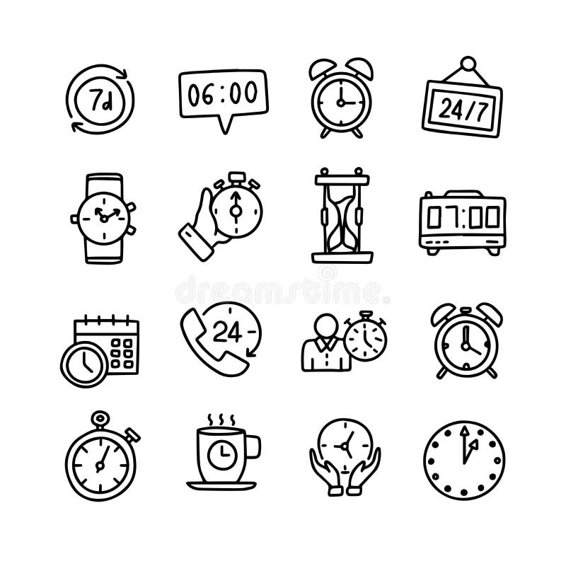 Vector Set of Time Clock Icons. Outline Doodle Drawing Style Stock ...