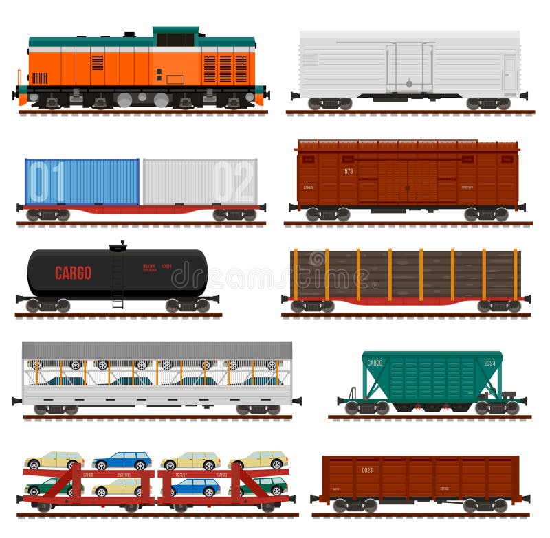 Vector Set of Train Cargo Wagons, Tanks, Cars Stock Vector ...