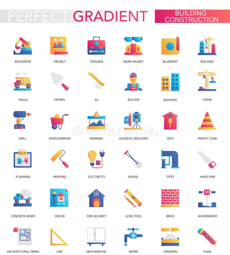 Vector Set of Trendy Flat Gradient Building, Architect, Working Tools ...