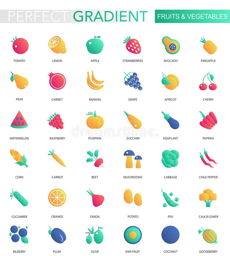 Vector Set of Trendy Flat Gradient Fruits and Vegetables Icons. Stock ...