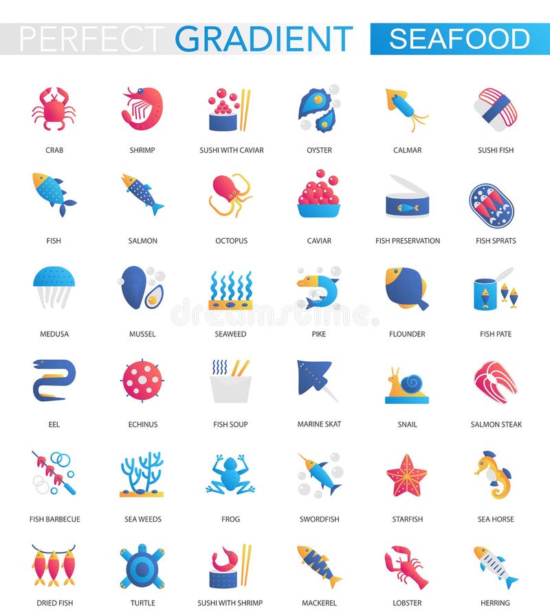 Vector Set of Trendy Flat Gradient Seafood Icons. Stock Vector - Illustration of octopus, lunch ...