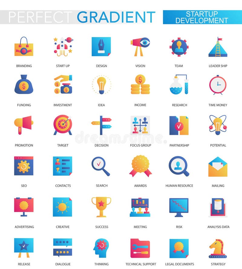 Vector Set of Trendy Flat Gradient Startup Development Icons. Stock ... Vector Set of Trendy Flat Gradient Startup Development Icons. Stock ...