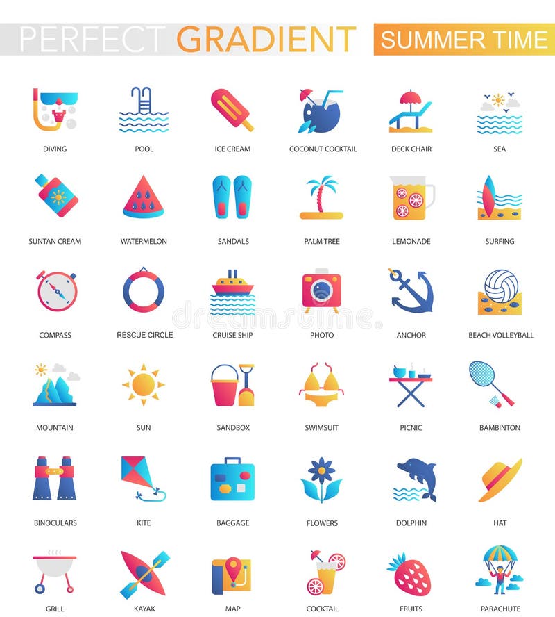 Vector Set of Trendy Flat Gradient Summer Time Icons. Stock Vector ...