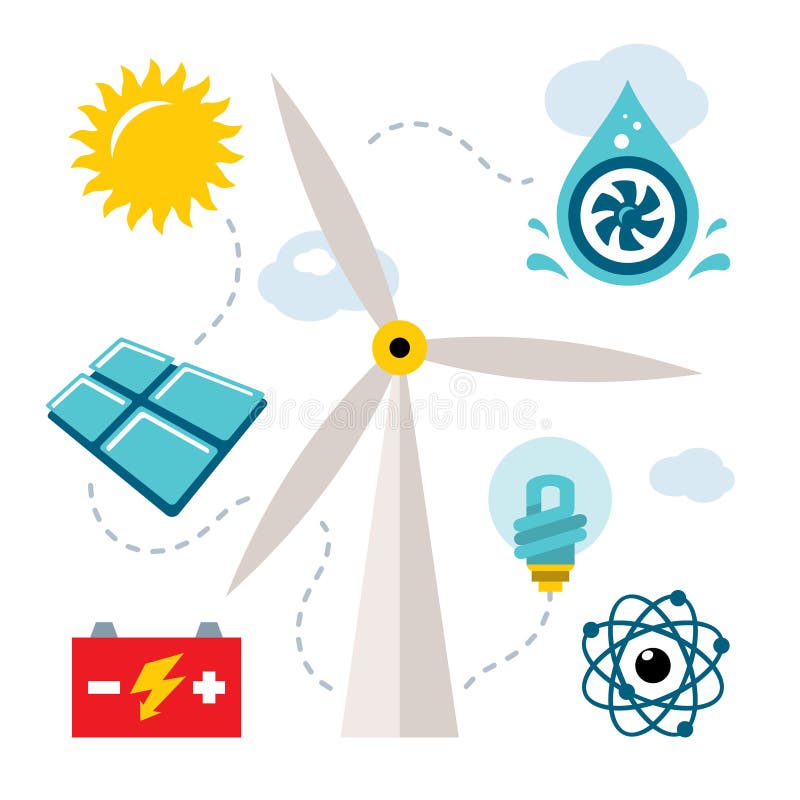 Vector Set - Types of Power Generation. Flat Style Colorful Cartoon ...