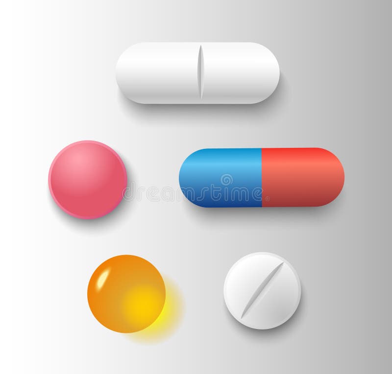 Realistic Pills in Any Shapes and Forms. Vector Set of Oval, Round and ...
