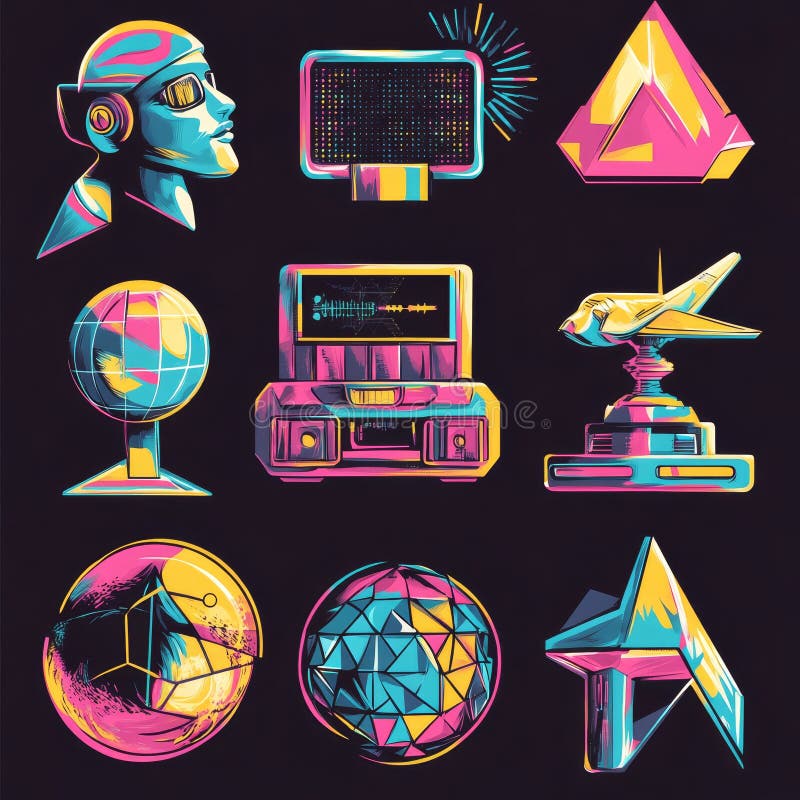 Vector Set of Virtual Reality Icons in Trendy 80s-90s Style Stock ...