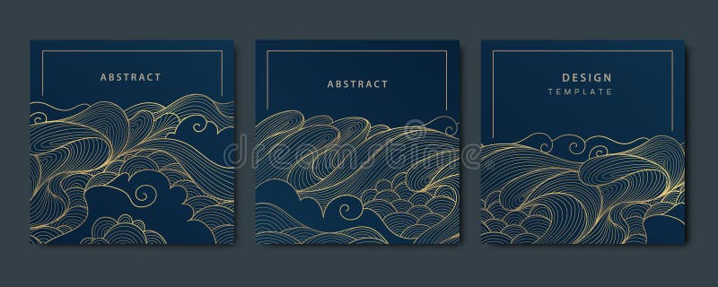 Vector Set of Wave Line Gold on Blue Square Cards, Sea Patterns, Fluid ...
