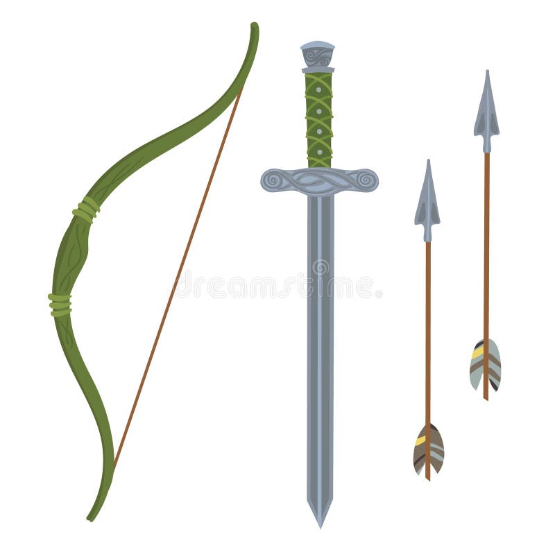 Vector Set Weapons - Green Bow, Arrow, Sword Stock Vector ...