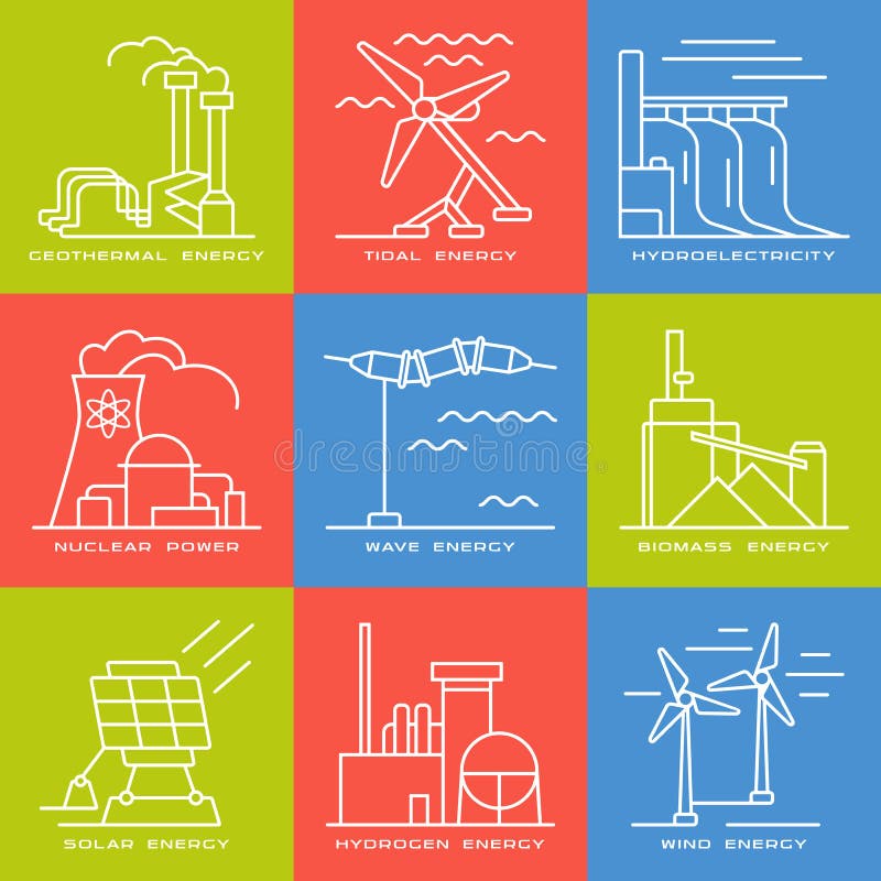 Vector Set of Web Icons on Electricity Generation Plants Stock Vector ...
