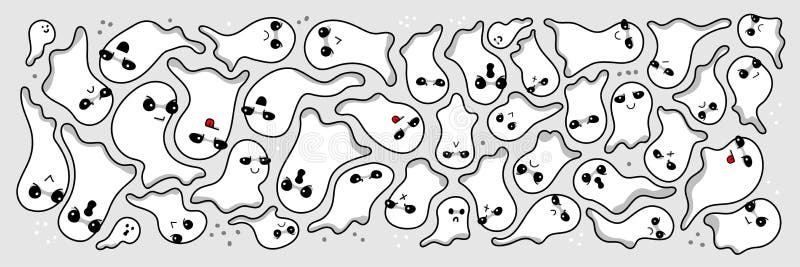 Vector Set of White Cute Ghosts on Gray Background. Funny Comic Cute ...