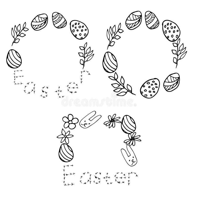 Vector Set of Wreath Frame Lettering Easter with Doodle Elements Illustration of Eggs, Flowers ...