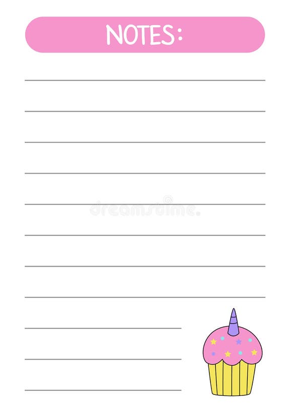 Vector Sheet for Making Notes with Cute Pink Cupcake with Horn. Stock ...